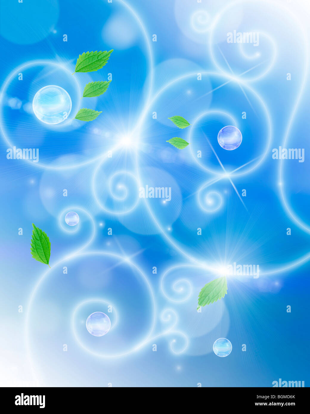 Abstract image showing reflective spheres and leaves connected to ...