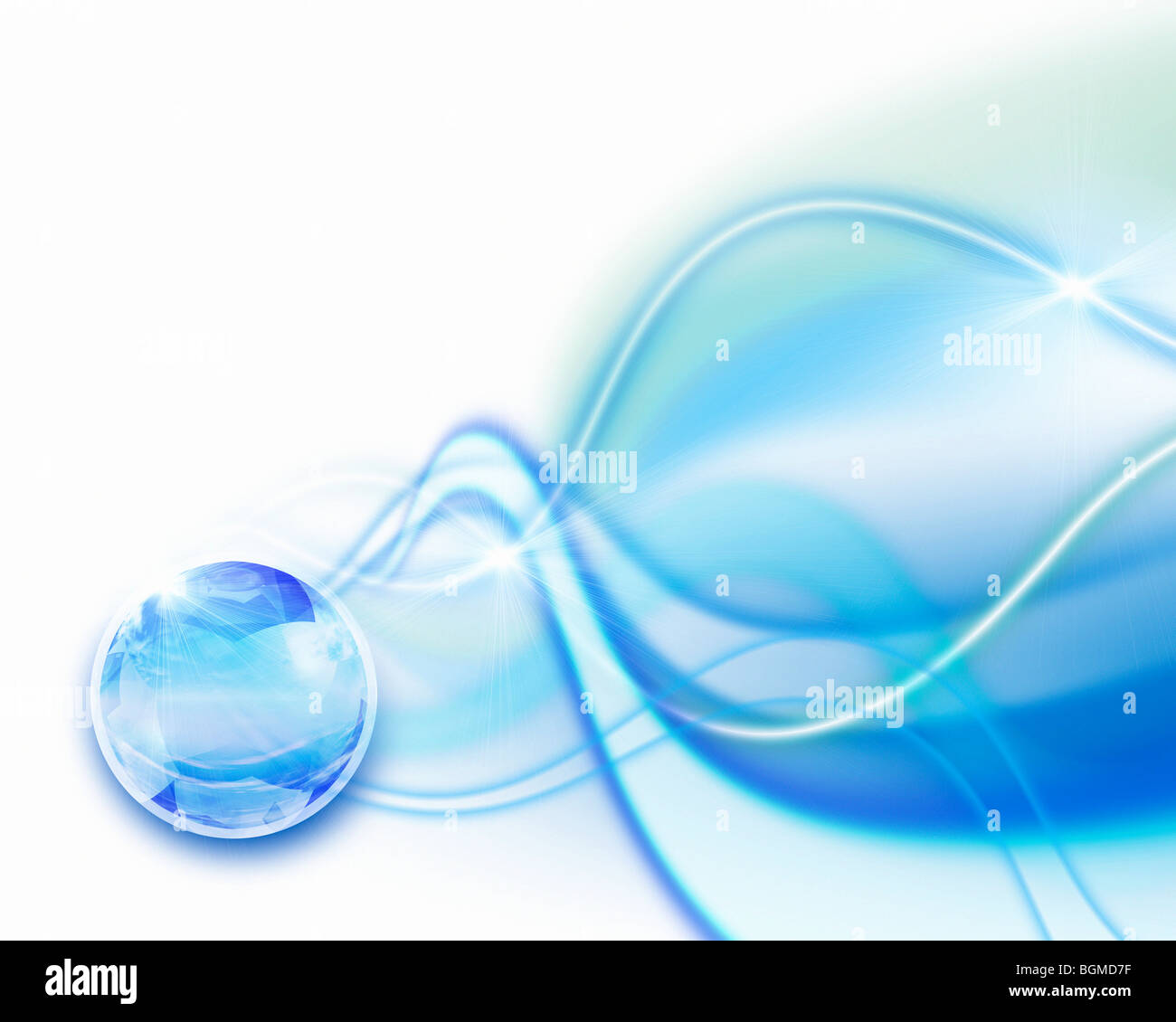 Abstract image of wave forms, star light and a reflective sphere Stock ...