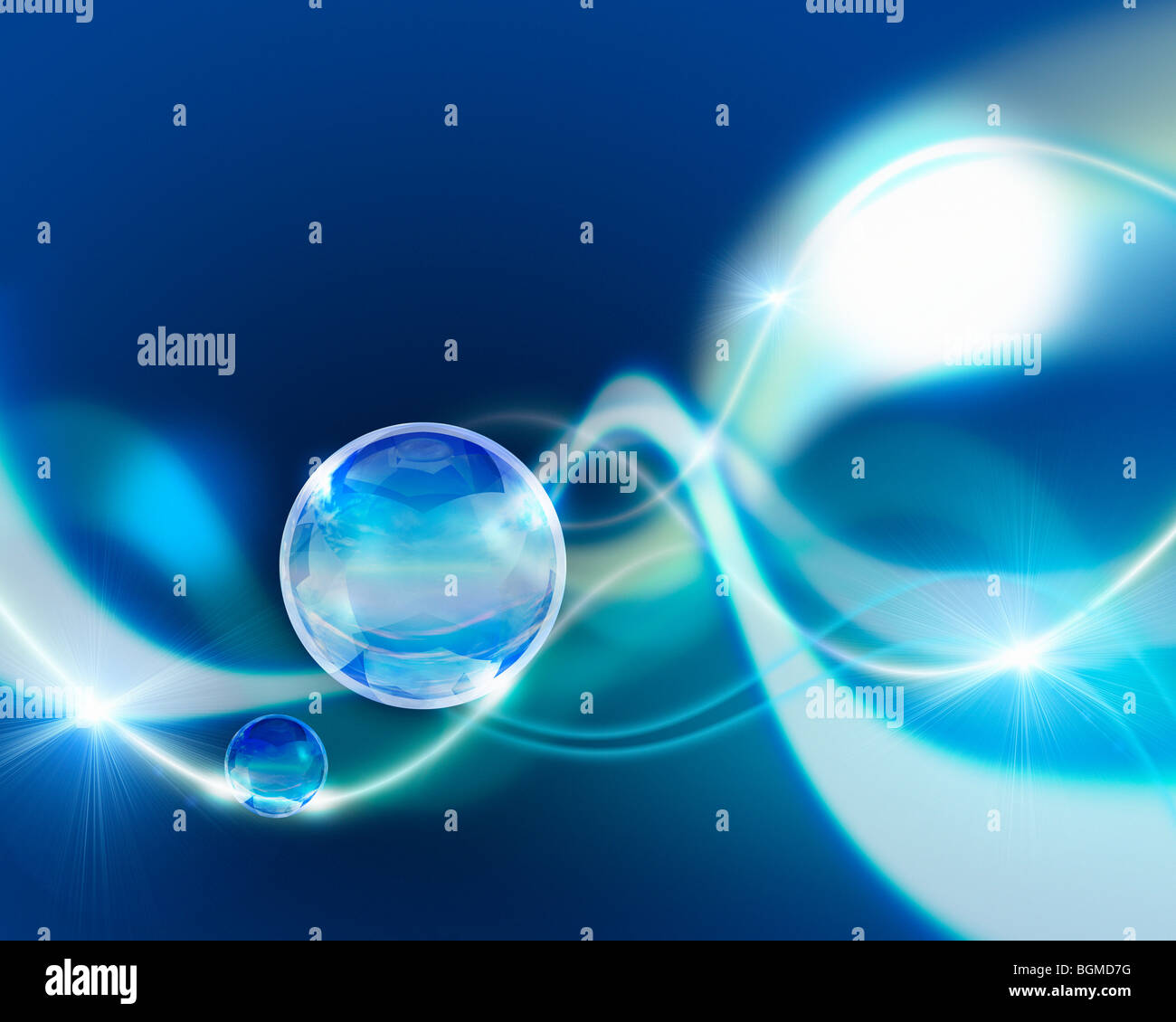 Abstract image of wave forms, star light and a reflective sphere Stock ...