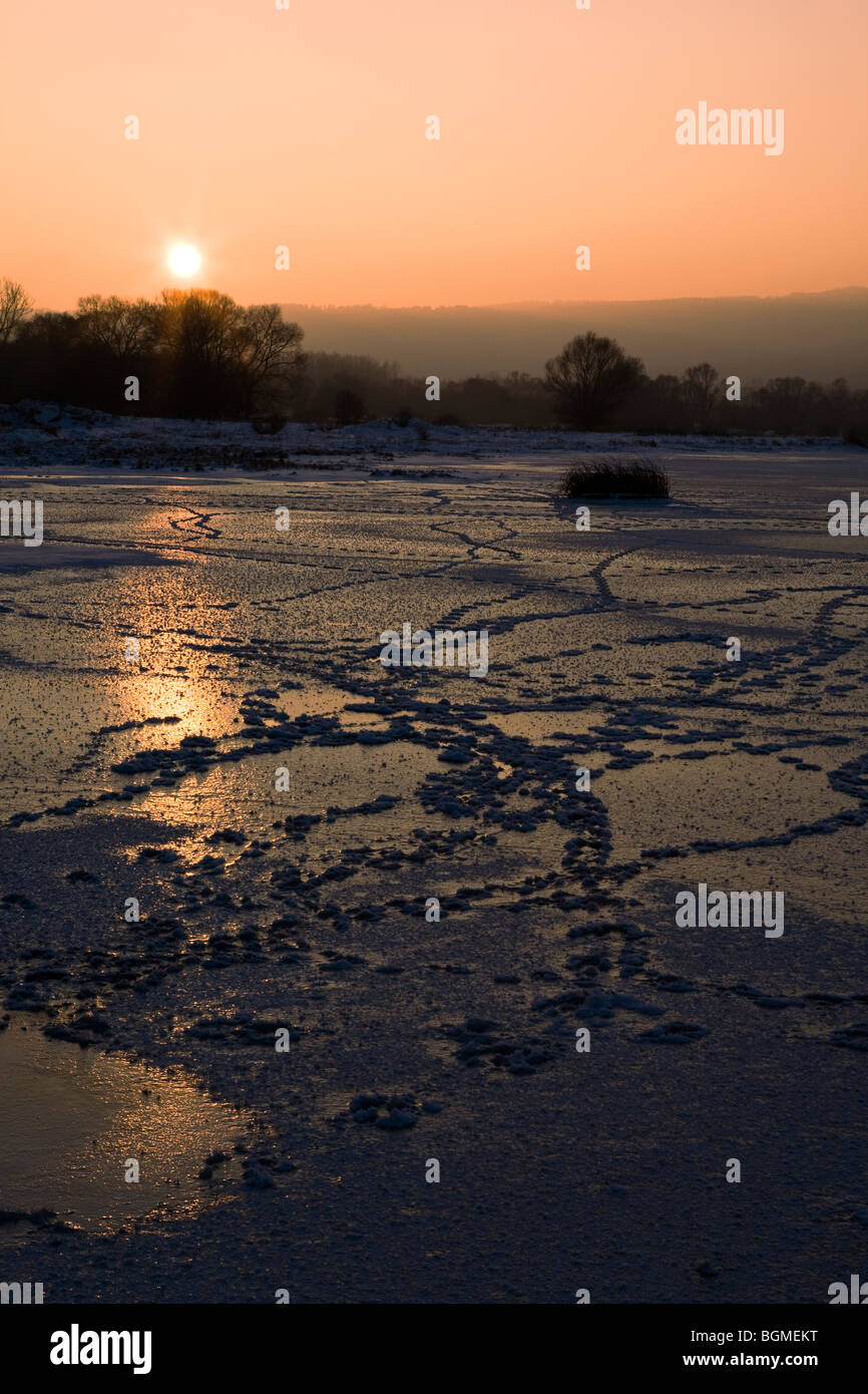 Winter scene, Iskar dam frozen, animal footprints on the ice Stock ...
