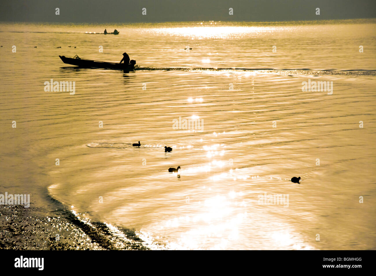 Boat and birds on the sparkling sea. Oarai, Oarai-machi, Ibaraki ...