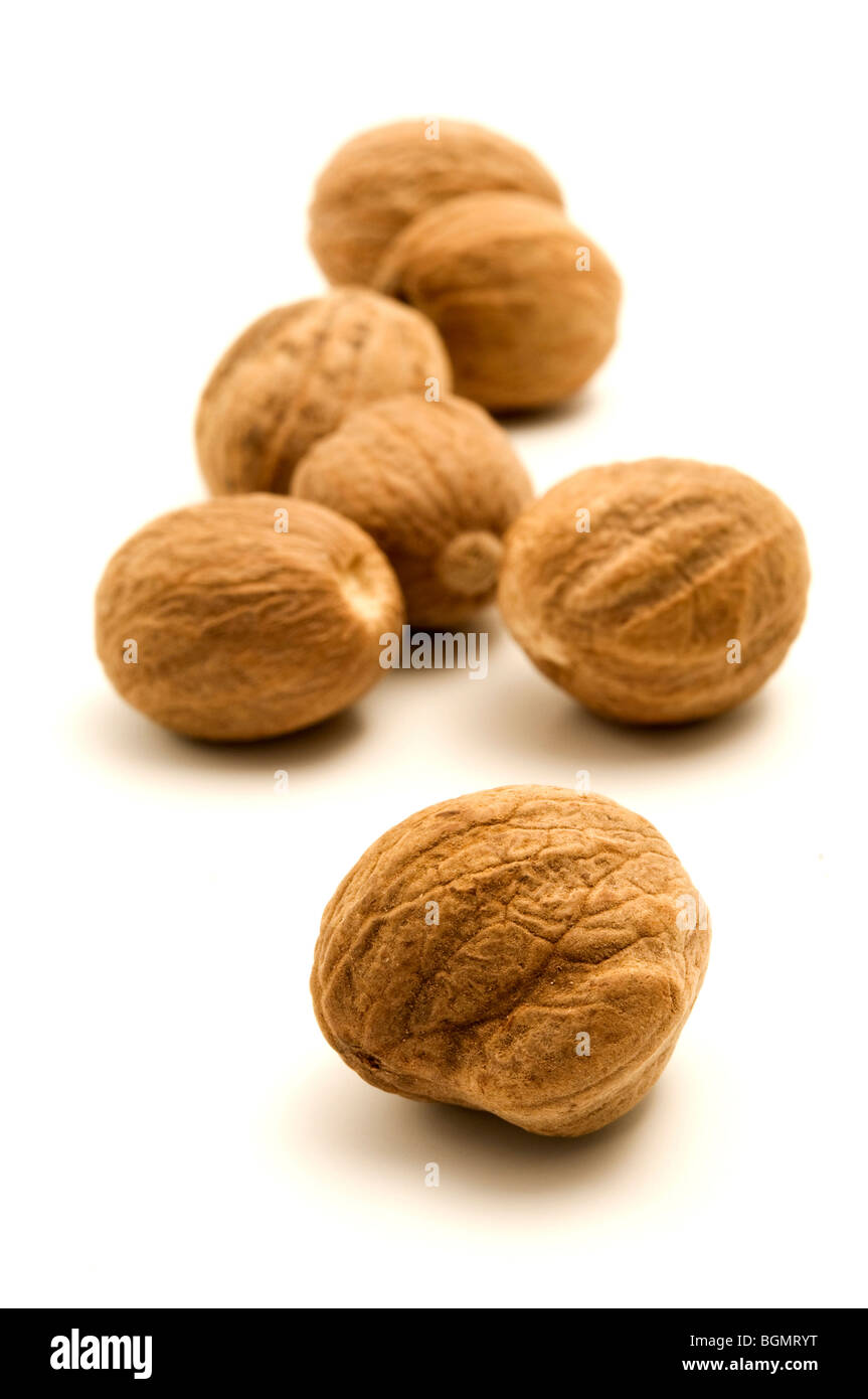 Nutmeg seeds on a white background Stock Photo - Alamy