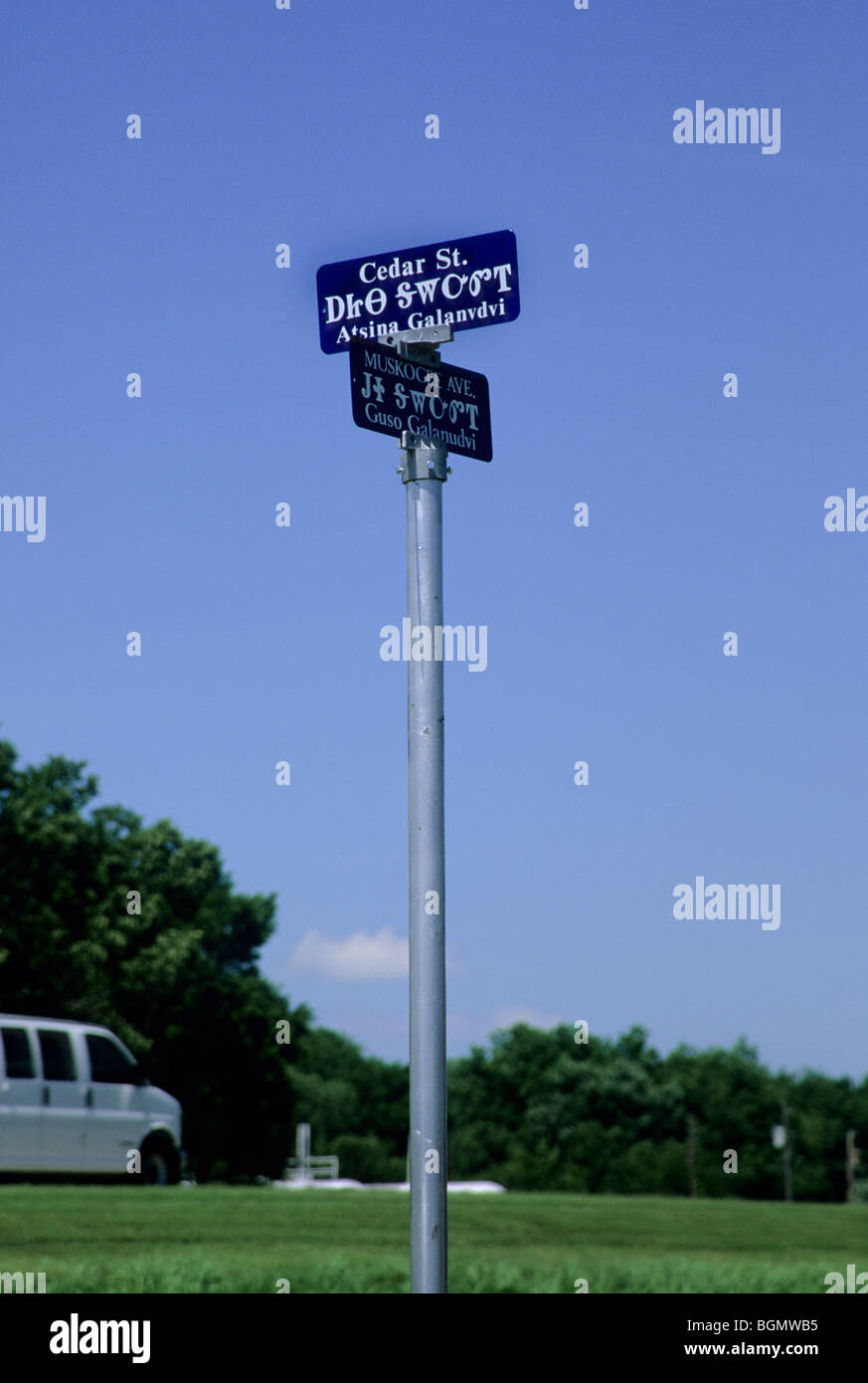 Traditional Cherokee language is displayed on all road signs on the ...
