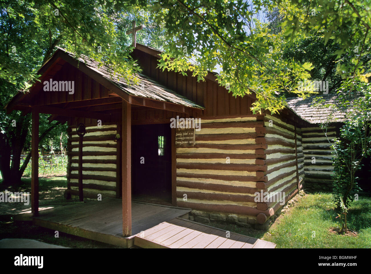 Log church that represents typical buildings the Cherokee constructed ...