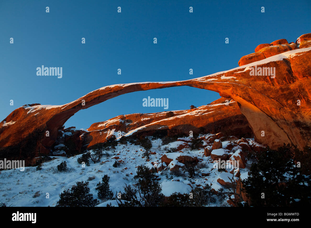 Landscape Arch, snow scene, Arches National Park Stock Photo - Alamy