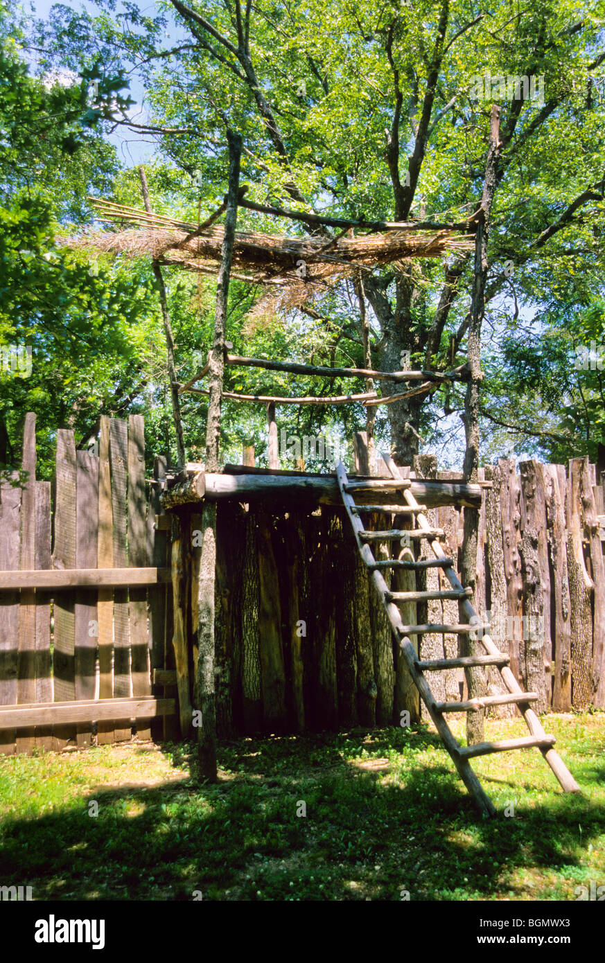 Traditional wooden palisades fence built from wood and a cache platform ...