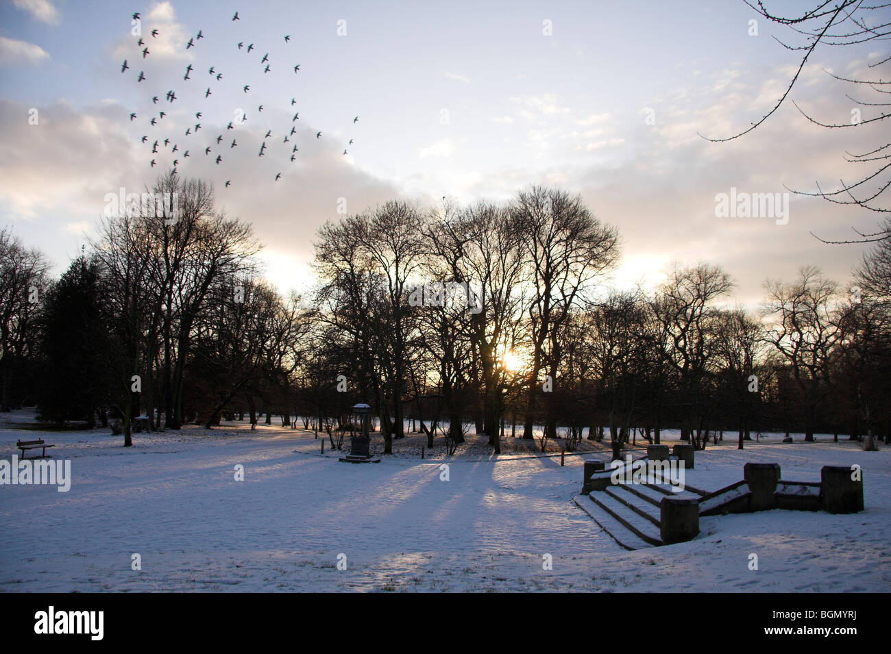 Alexandra Park in the snow, Moss Side, Whalley Range, Manchester, UK ...