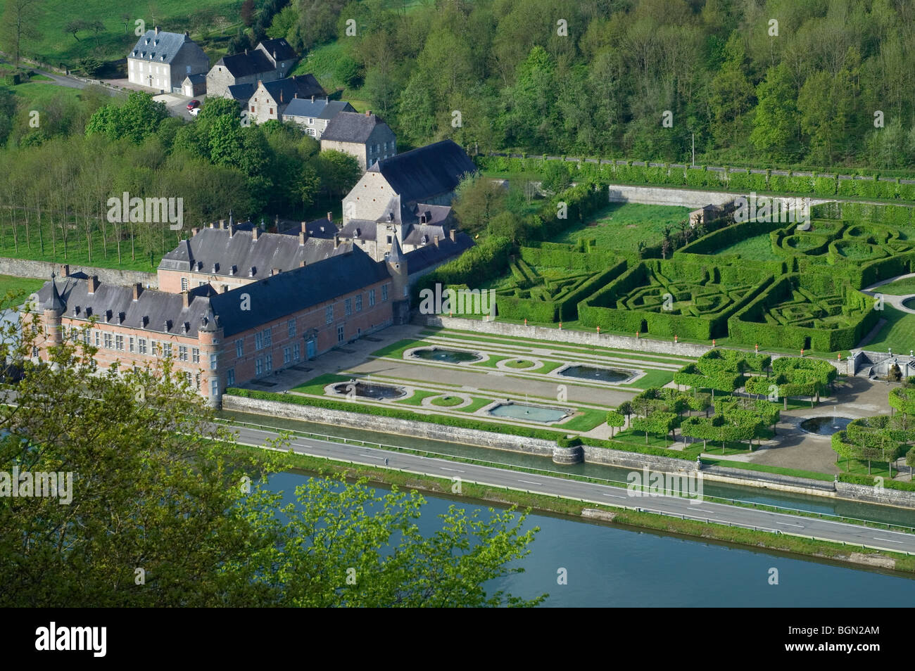 Castle of Freyr and gardens near the river Meuse, Belgium Stock Photo ...