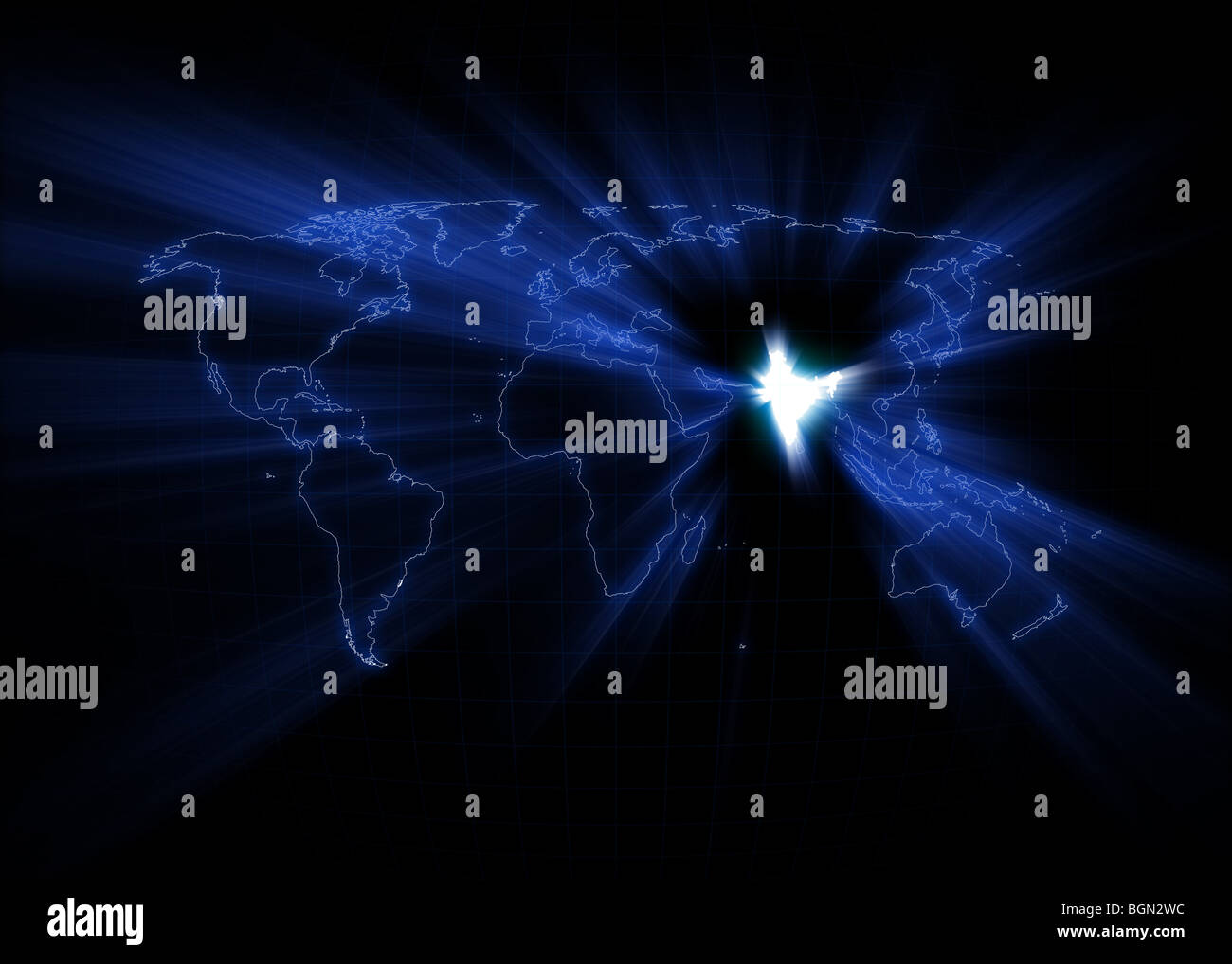 World map with India glowing Stock Photo - Alamy