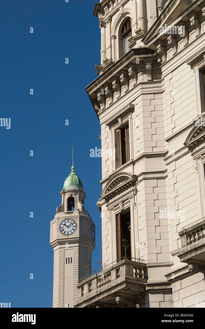 The neoclassical City Legislature Building and Clock Tower containing ...