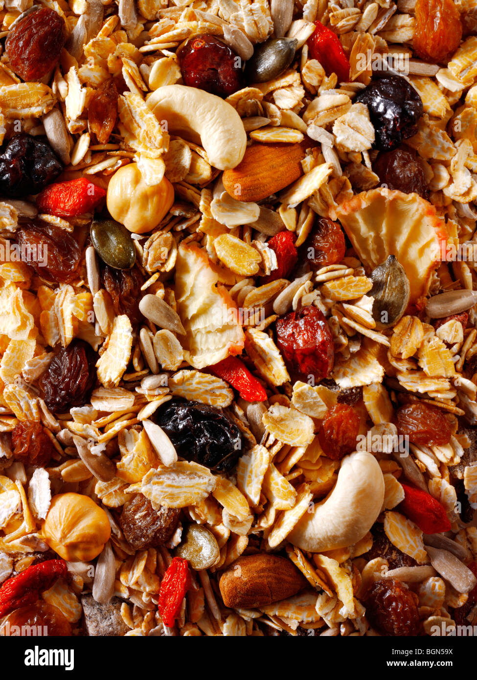 Full frame close up of Goji berry, yacon root and seed museli Stock ...