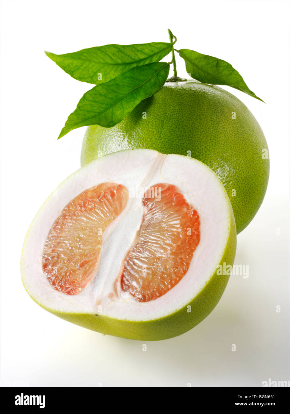 Fresh whole and cut Pomelo citrus Fruit against a white background ...