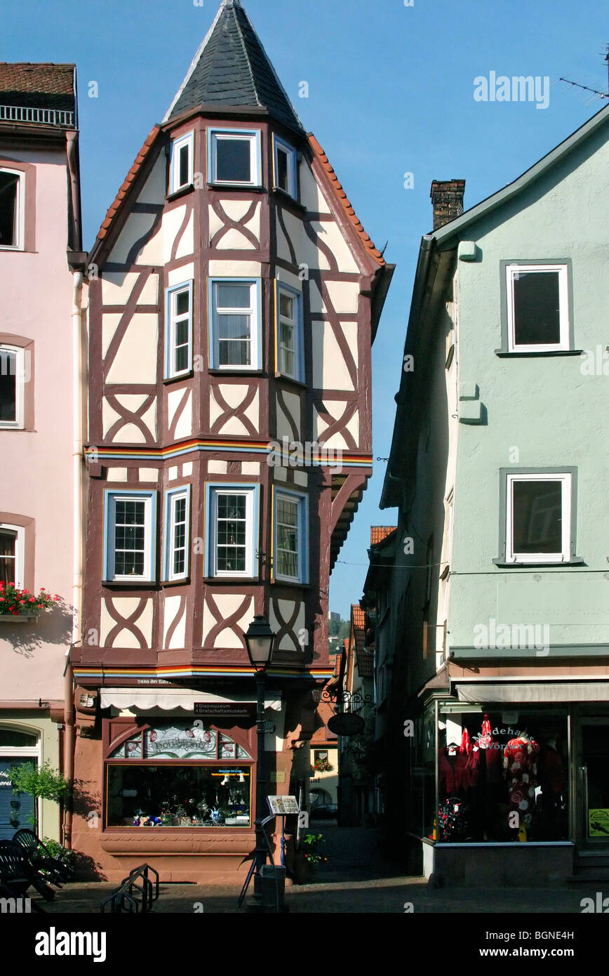 The Wertheim medieval town center with half-timbered houses and small ...