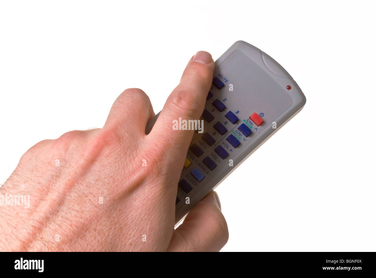 hand held remote control pointing isolated on a white background with ...