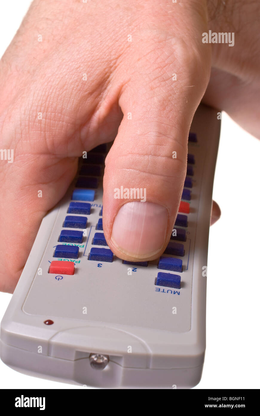 hand held remote control pointing isolated on a white background Stock ...