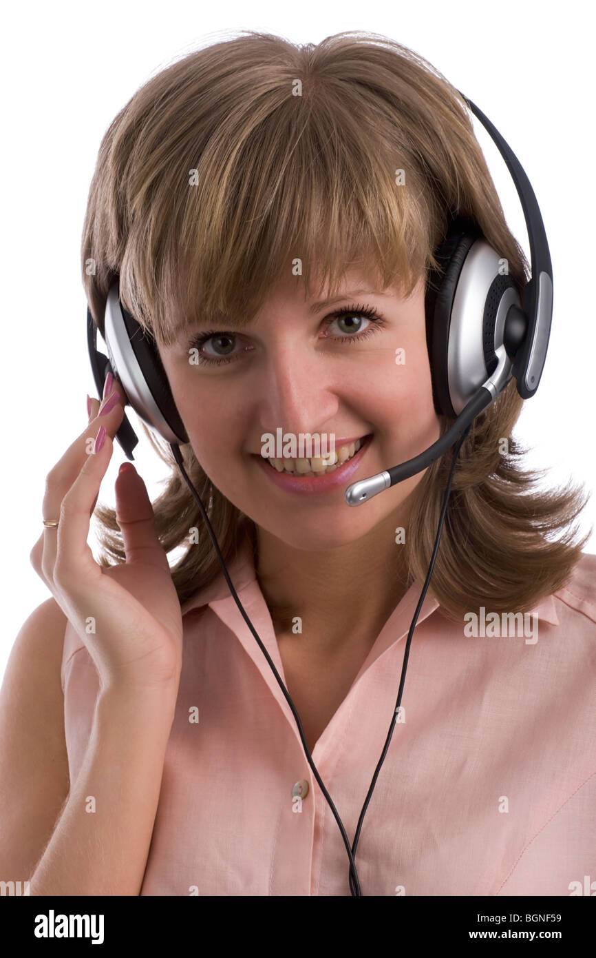 beautiful smiling customer support girl with headset, isolated on white ...