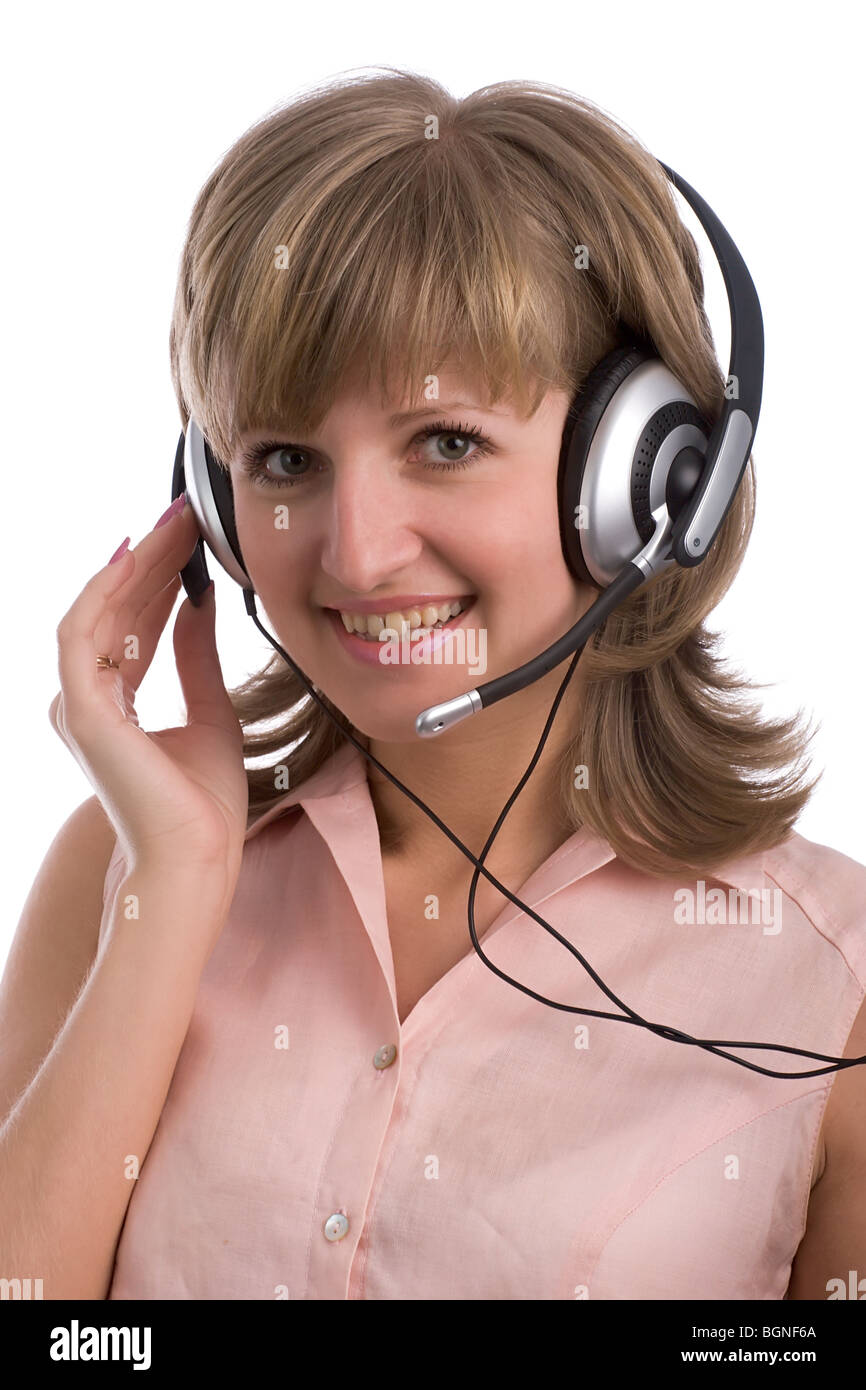 beautiful smiling customer support girl with headset, isolated on white ...
