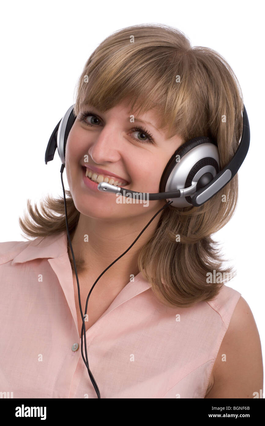 beautiful smiling customer support girl with headset, isolated on white ...