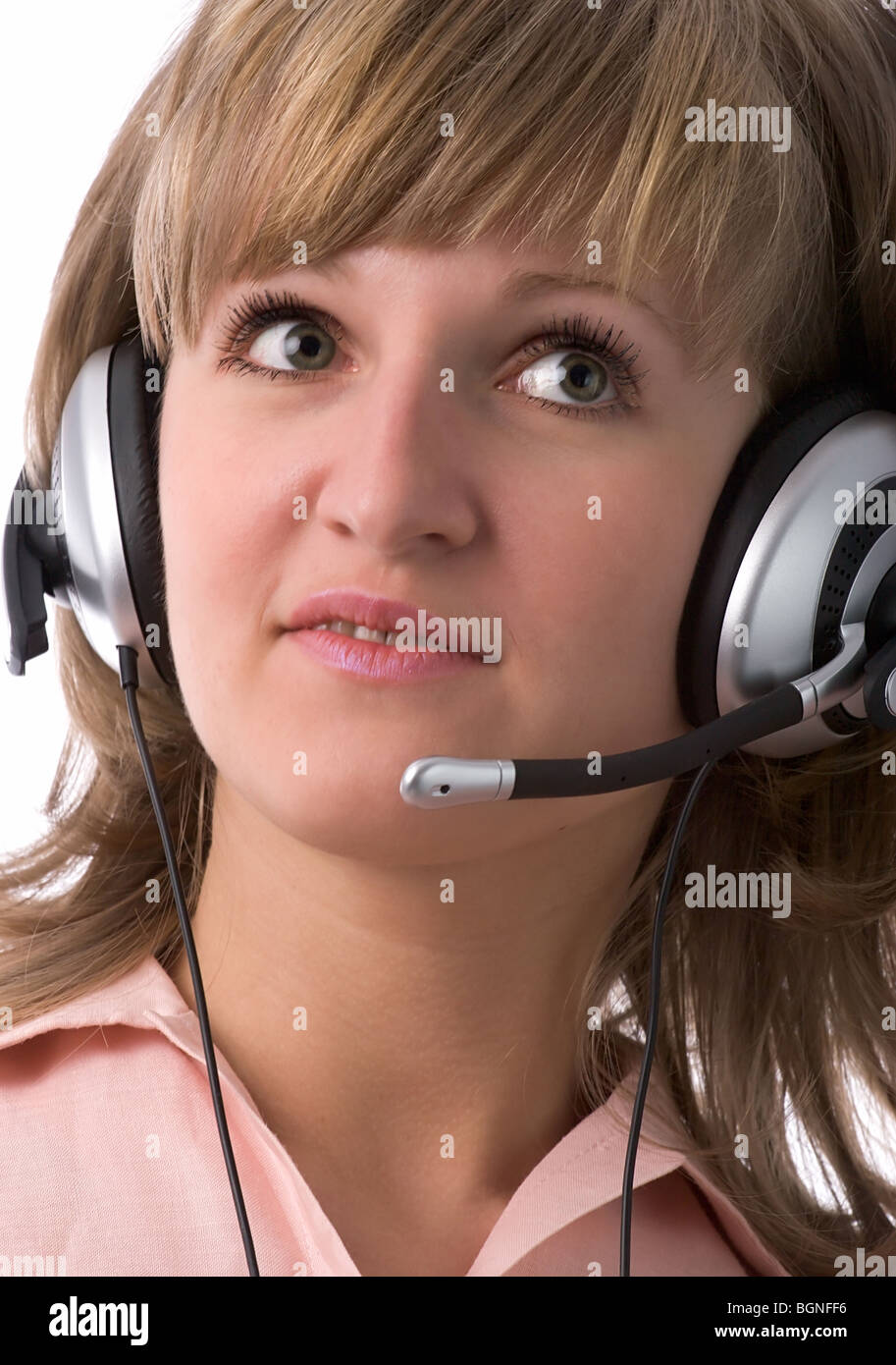 beautiful serious customer support girl with headset, isolated on white ...