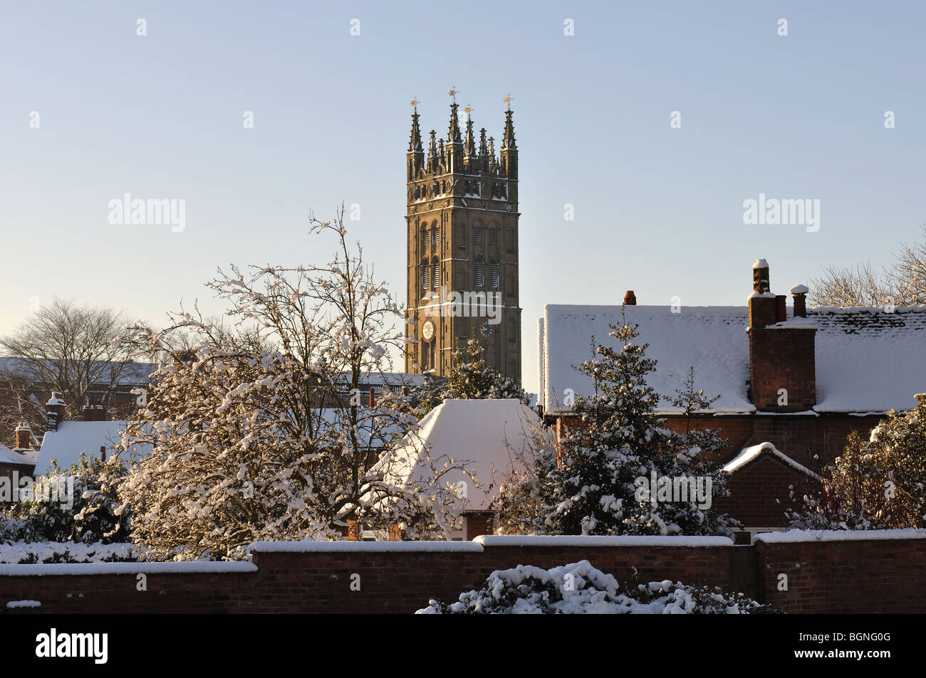 St. Mary`s Church from Priory Park in winter, Warwick, Warwickshire ...