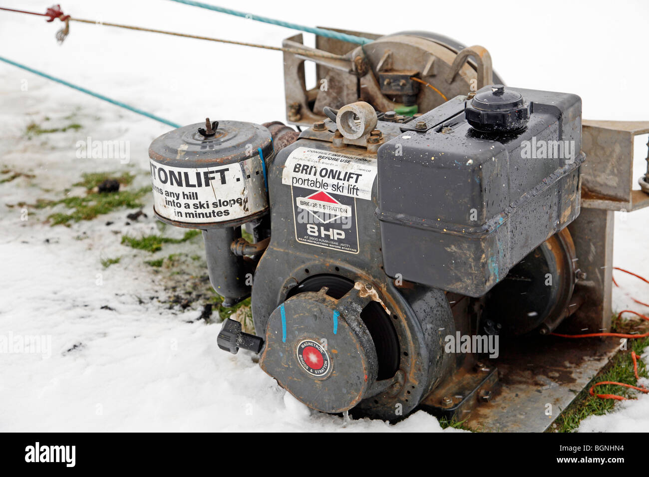 A portable ski lift engine in use during snowy winter Stock Photo - Alamy