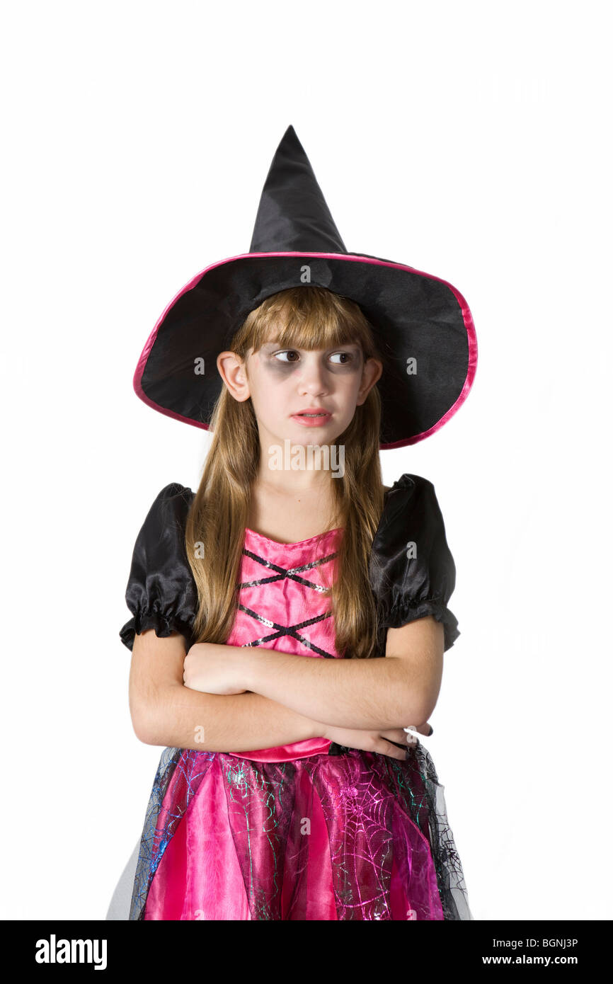 little cute angry girl in carnival fancy dress on the eve of Halloween ...