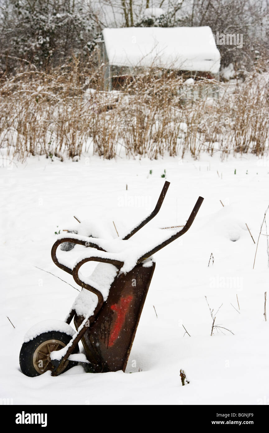 A wheelbarrow in a garden allotment under the deep snow of Winter 2009/ ...