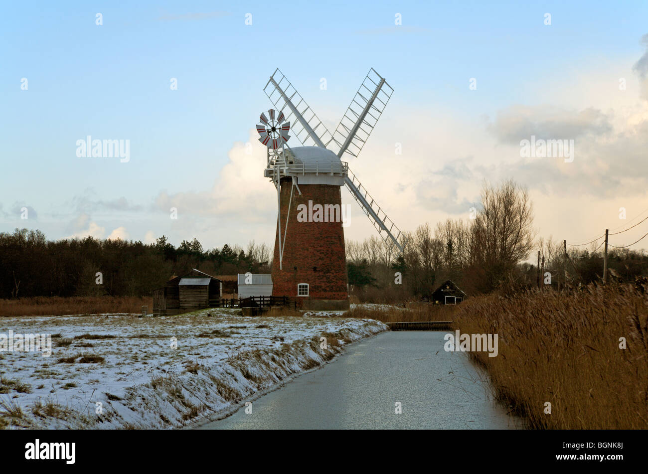 A winter scene on the Norfolk Broads at Horsey, Norfolk, England ...