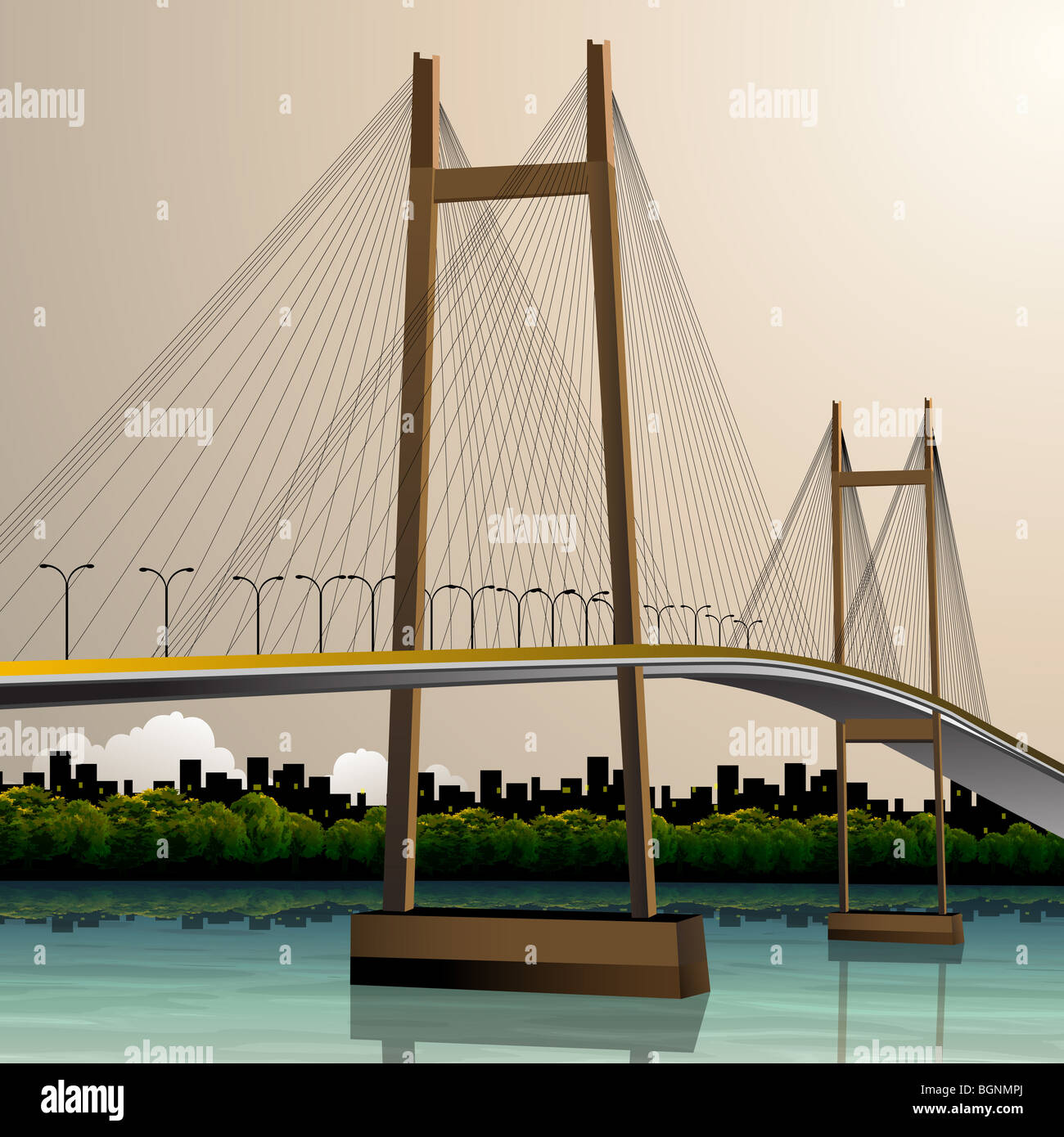 wooden bridge over a river, supported by cables, pillars Stock Photo ...