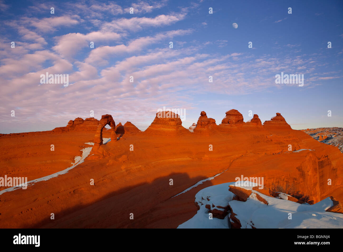 Sunset at Delicate Arch, Snow Scene, Arches National Park, USA Stock ...