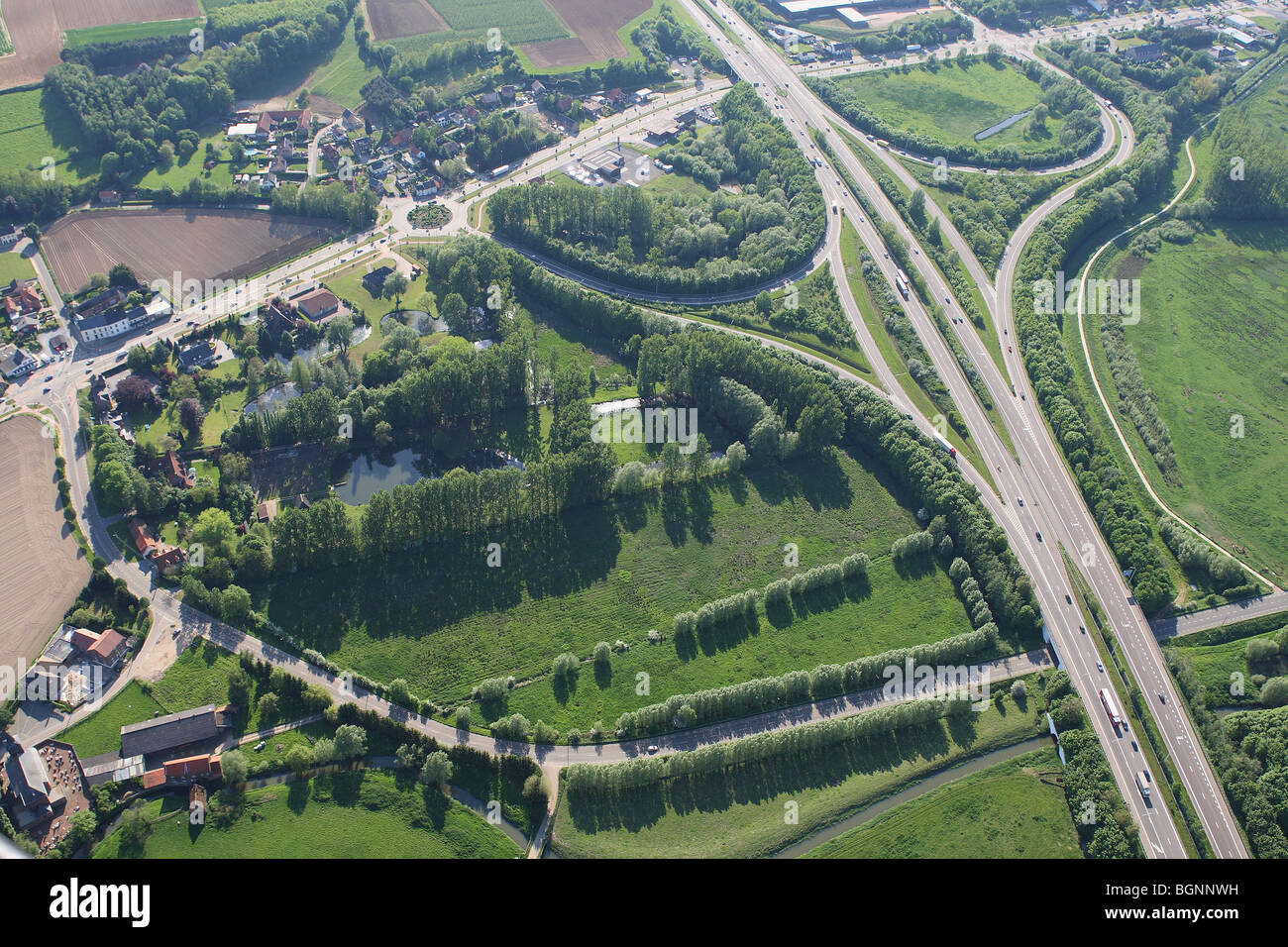 Traffic junction, entrance and exit of highway from the air, Belgium ...