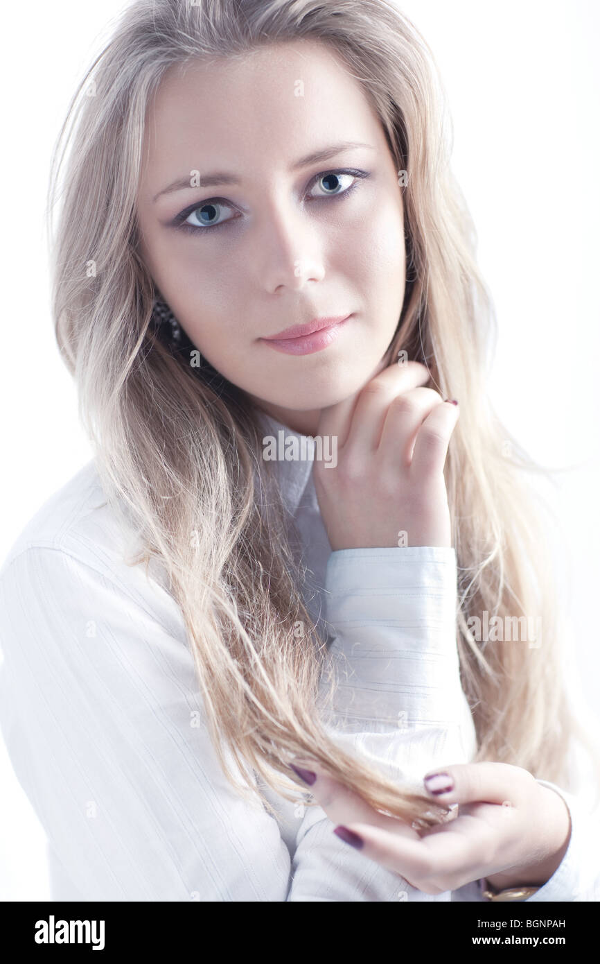 Young woman on white background portrait. High key effect Stock Photo ...
