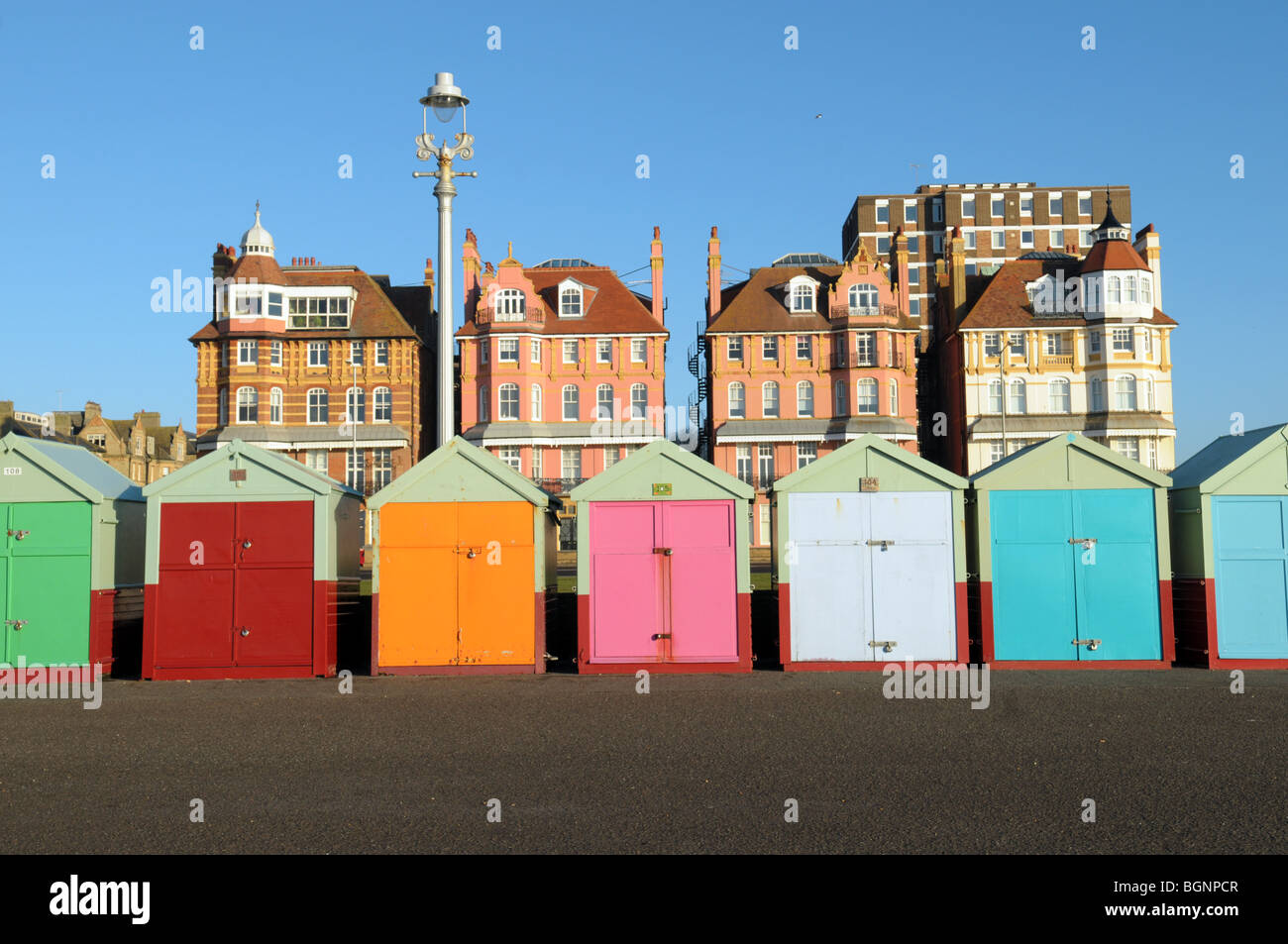 Colourful painted beach huts on the seafront at Brighton and Hove Stock ...