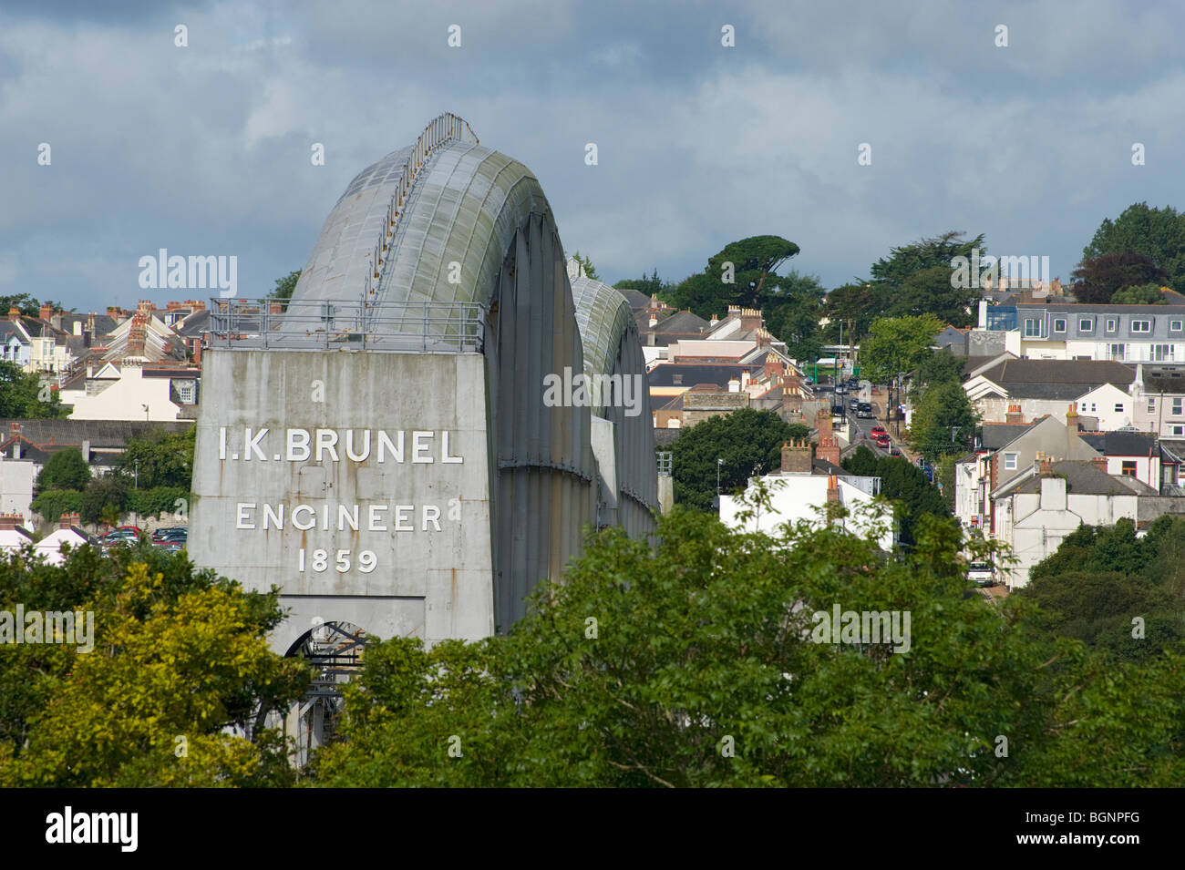 A view of the Isambard Kingdom Brunel railway bridge over the Tamar ...