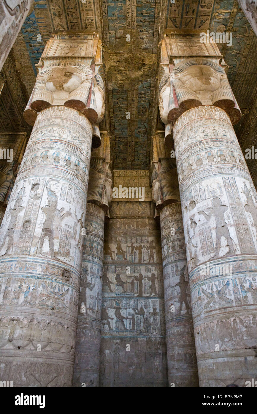Newly cleaned Hathor headed columns in the vestibule of the Ptolemaic ...