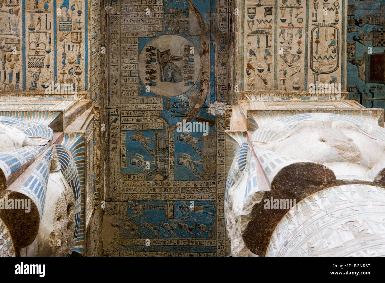 Hathor headed columns and ceiling in the vestibule of the Ptolemaic ...