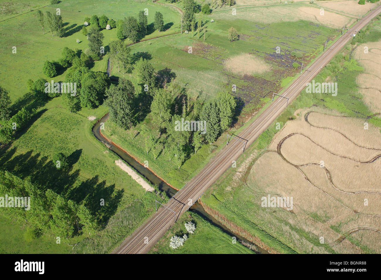 Wetlands and reedland from the air, Demerbroeken nature reserve ...