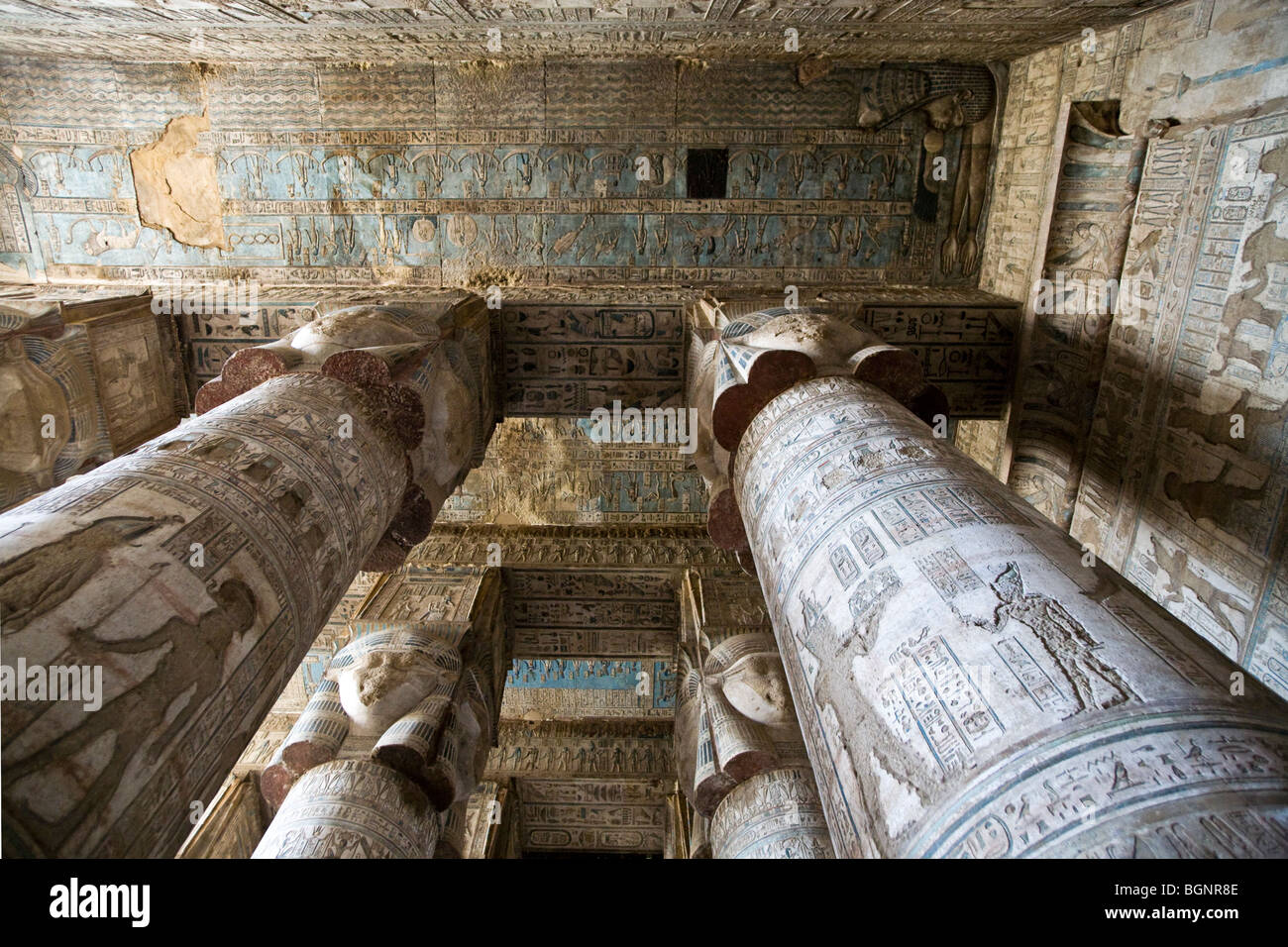 Newly cleaned Hathor headed columns in the vestibule of the Ptolemaic ...