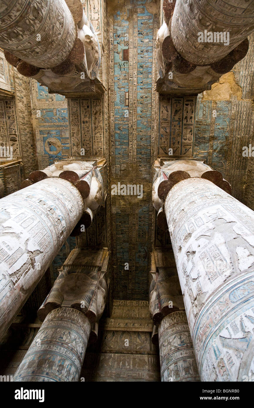 Hathor headed columns and ceiling in the vestibule of the Ptolemaic ...
