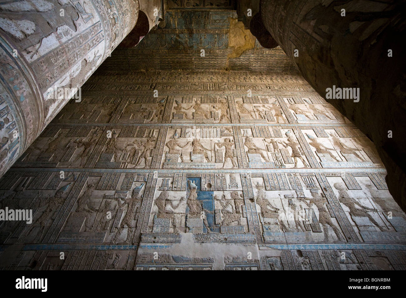 Hathor headed columns and ceiling in the vestibule of the Ptolemaic ...