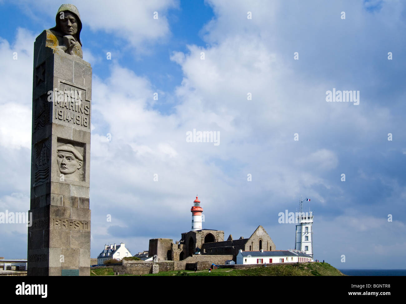 WW1 monument at the Pointe Saint-Mathieu with its lighthouse and abbey ...