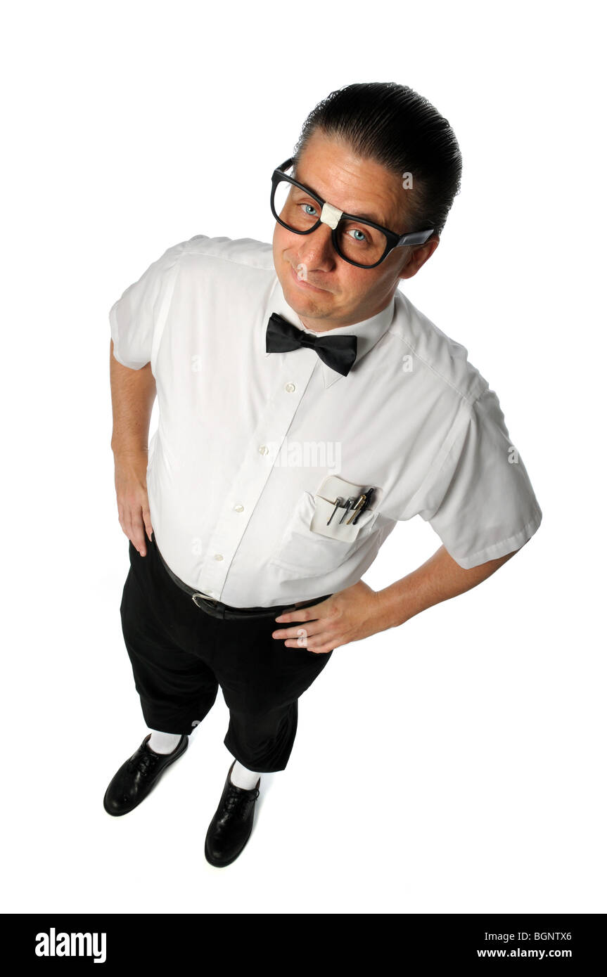Nerd standing with hands on hips isolated over white background Stock ...