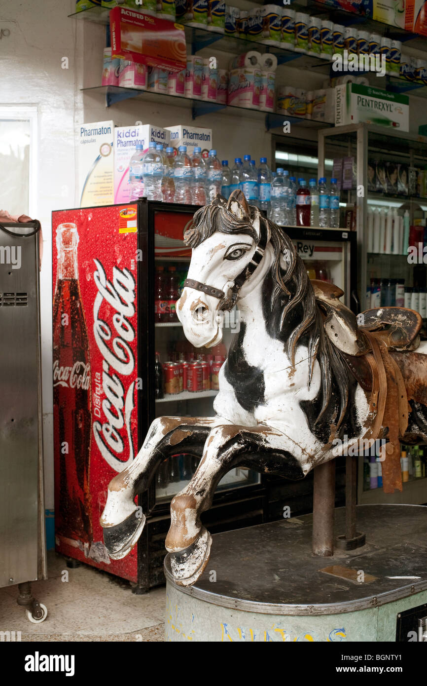 splendid antique painted wooden mechanical horse with worn leather ...