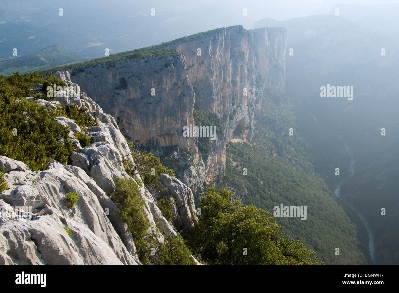 The steep limestone cliff faces of the canyon Gorges du Verdon / Verdon ...