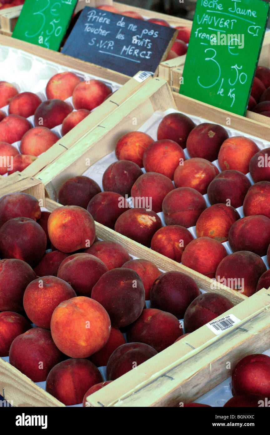 MONTPELLIER, FRANCE,Detail, Close up, Peaches IN OPEN-AIR FRUIT ...