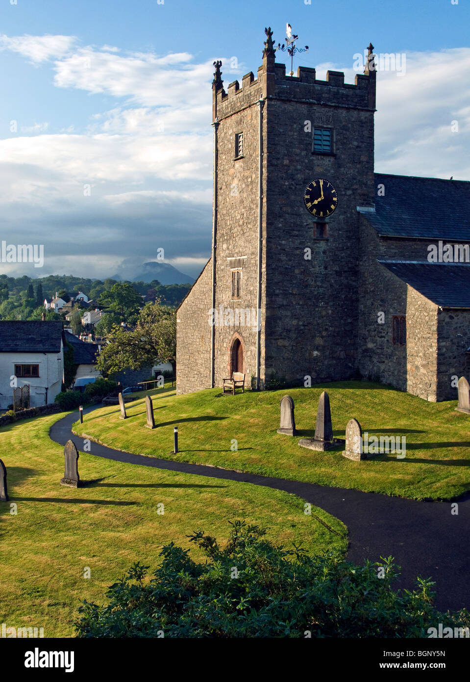 St Michaels & All Angels Church overlooking Hawkeshead village with the ...