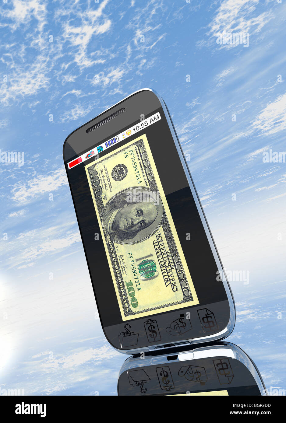 $100 dollar bill on screen of smart phone. Blue cloudy sky as ...