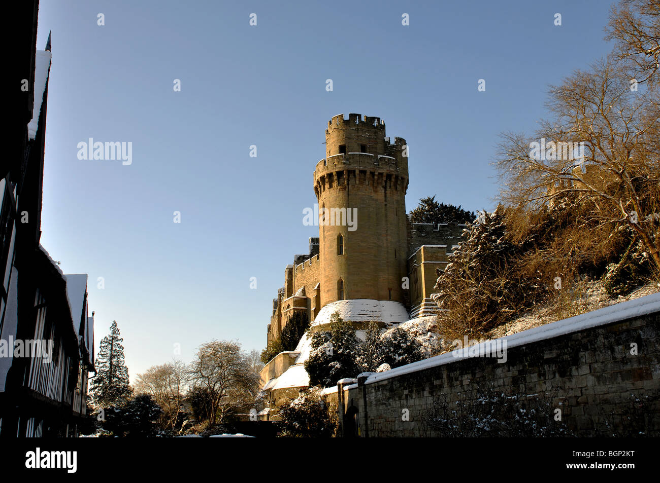 Warwick Castle in winter with snow, Warwickshire, England, UK Stock ...