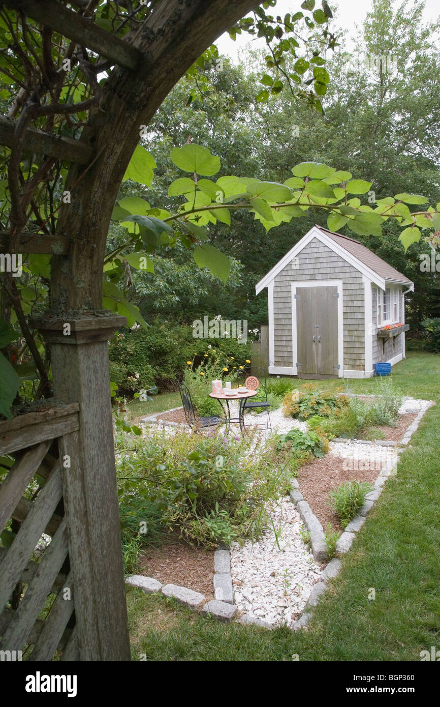 Vine on trellis with log cabin in the background Stock Photo - Alamy