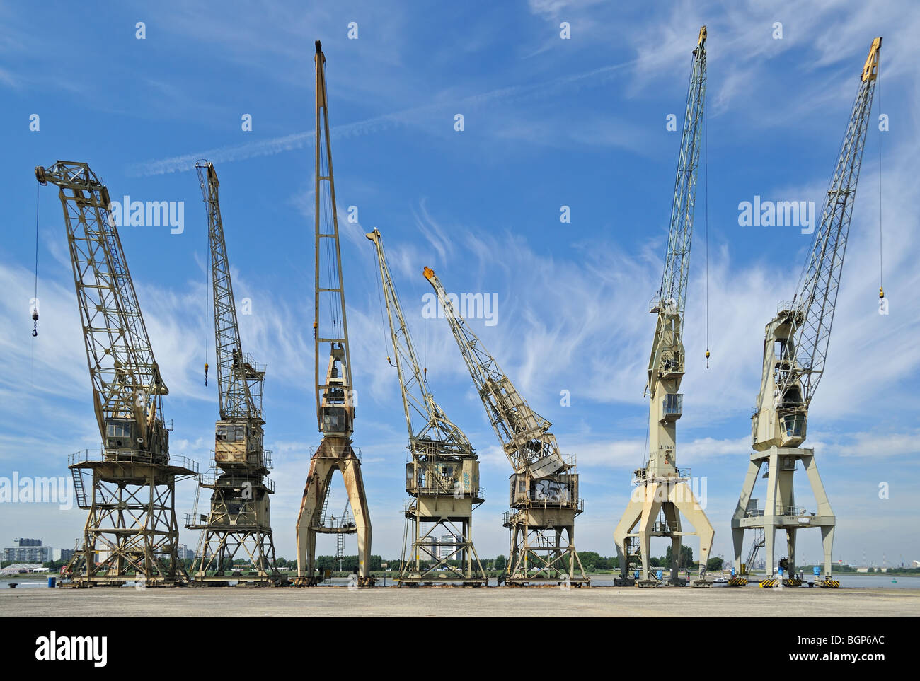 Historic dock cranes at the shipping trade museum along the docks in ...